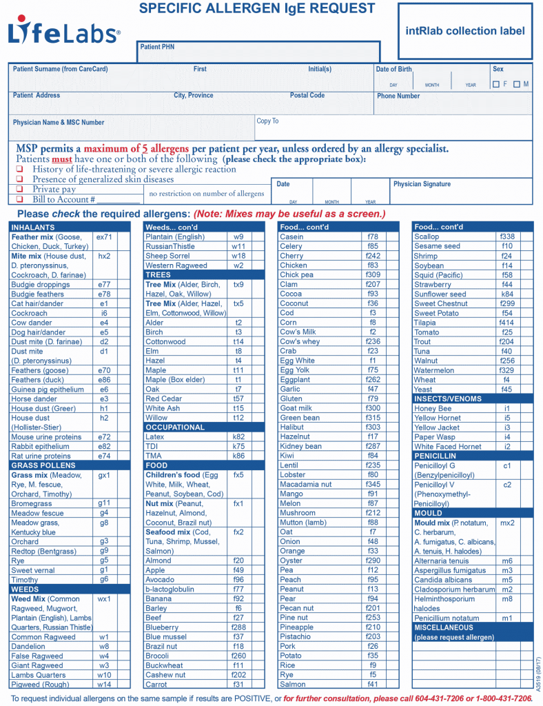 Lifelabs Specific Allergen IgE request - World EMR