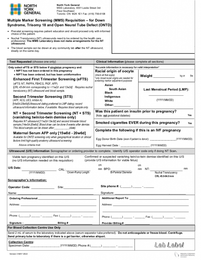 Ontario (North York) Multiple Marker Screening (MMS) Requisition ...