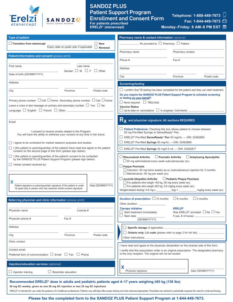 Erelzi (etanercept) PSP Enrollment Form Sandoz Plus – 2024 - World EMR