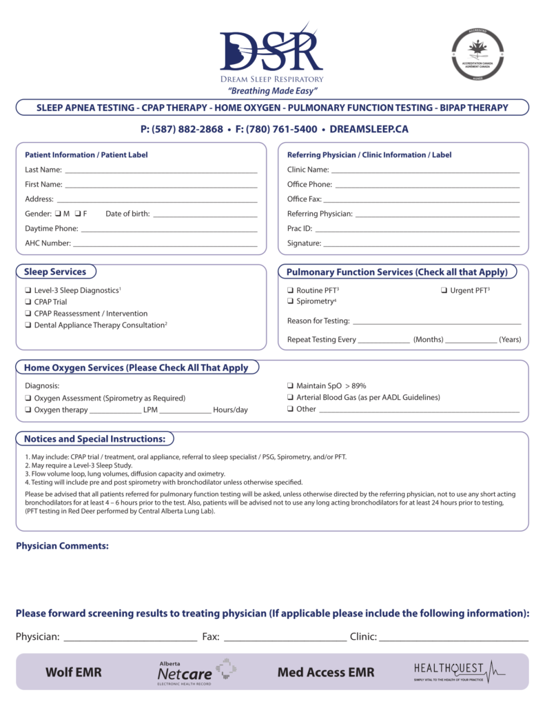 Dream Sleep Respiratory Referral Form - World EMR