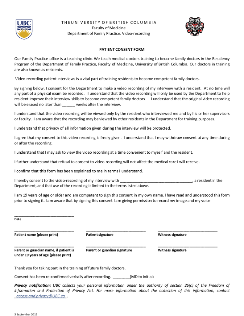 UBC Faculty of Medicine Video-recording Patient Consent Form - World EMR