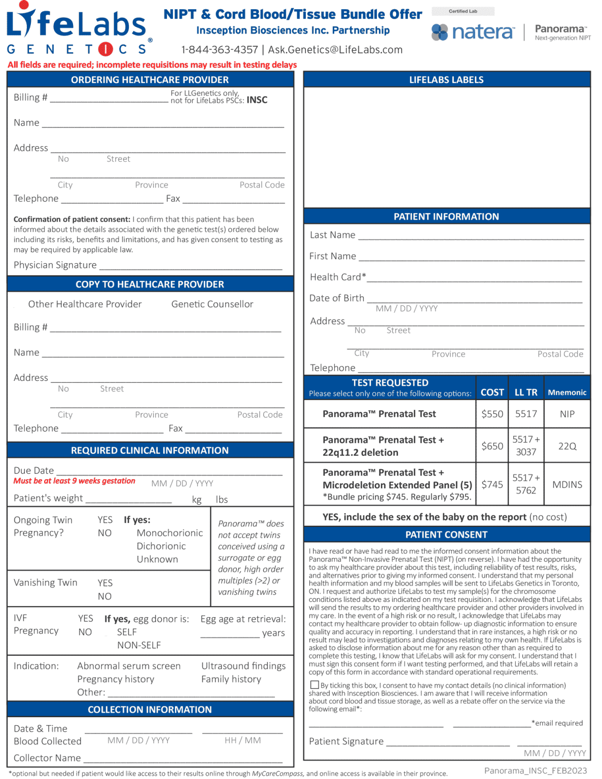 BC LifeLabs Genetics – Panorama Testing MSP Covered Requisition - World EMR