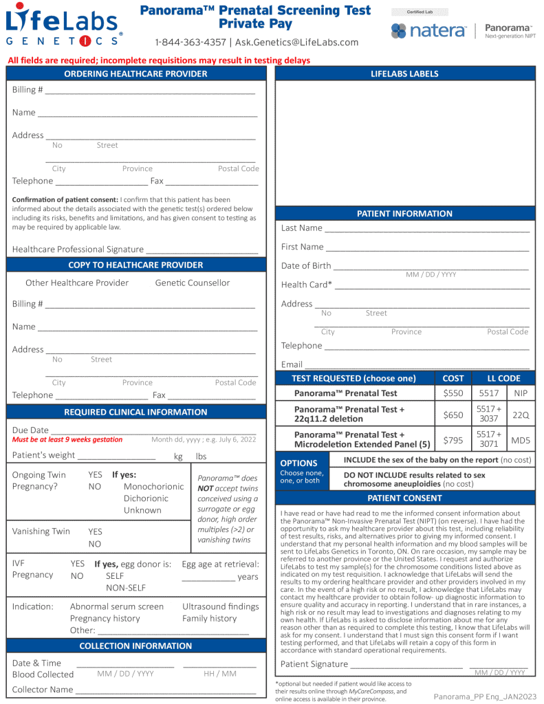 BC LifeLabs Genetics – Panorama Testing Private Pay Requisition - World EMR