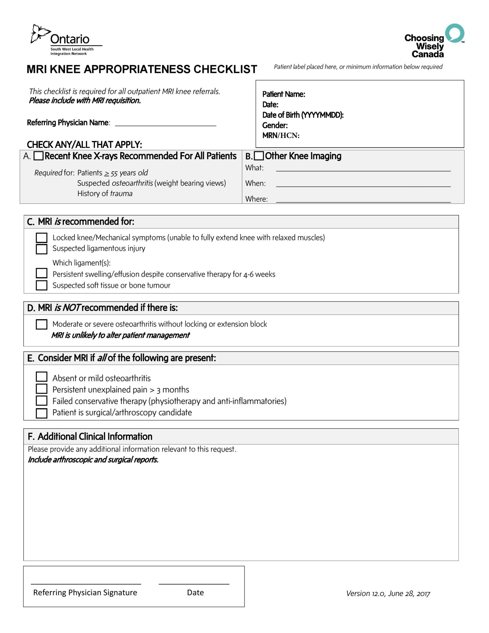 MRI Knee Appropriateness Checklist South West LHIN - World EMR