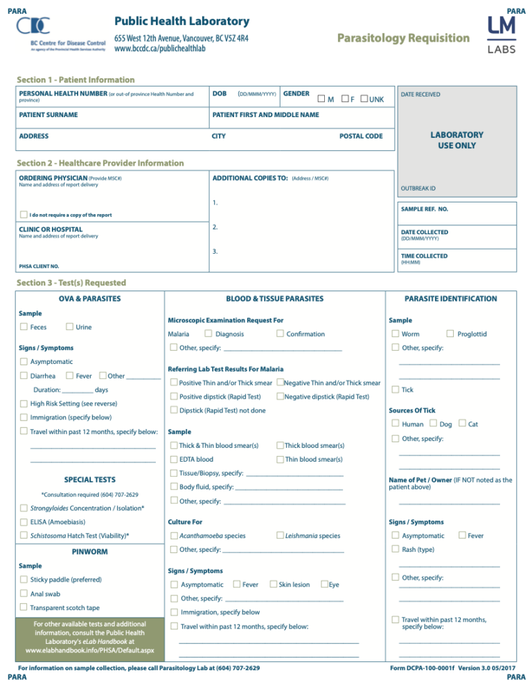BC CDC Parasitology Requisition - World EMR