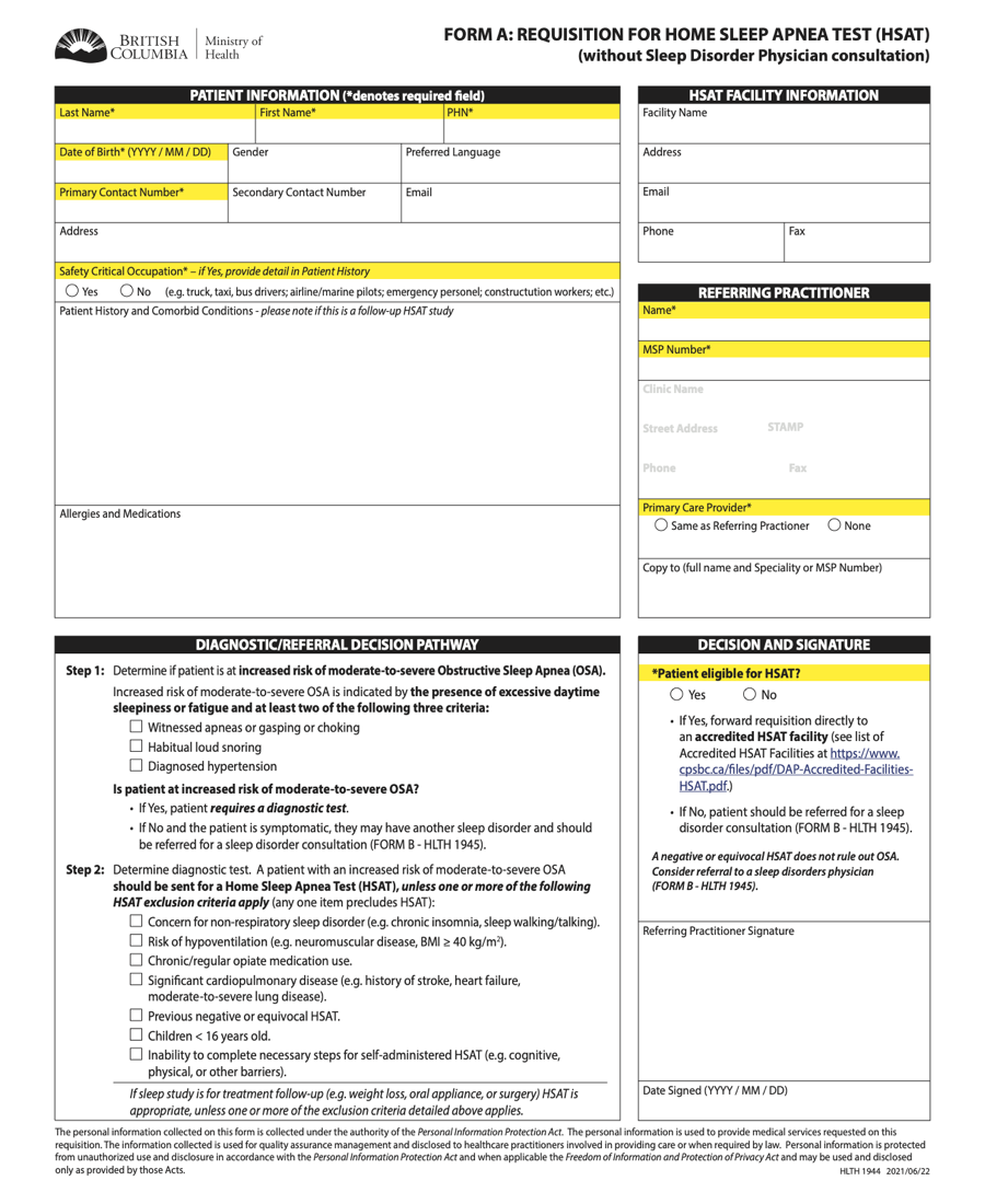 Home Sleep Apnea Testing (HSAT) eFORM - World EMR